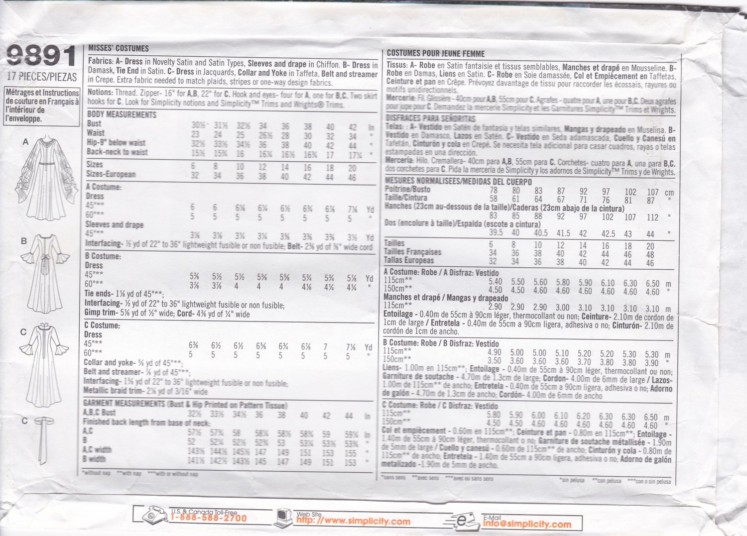 Simplicity 9891 Misses Medieval Dresses Costumes Sewing Pattern Sizes 6 ...