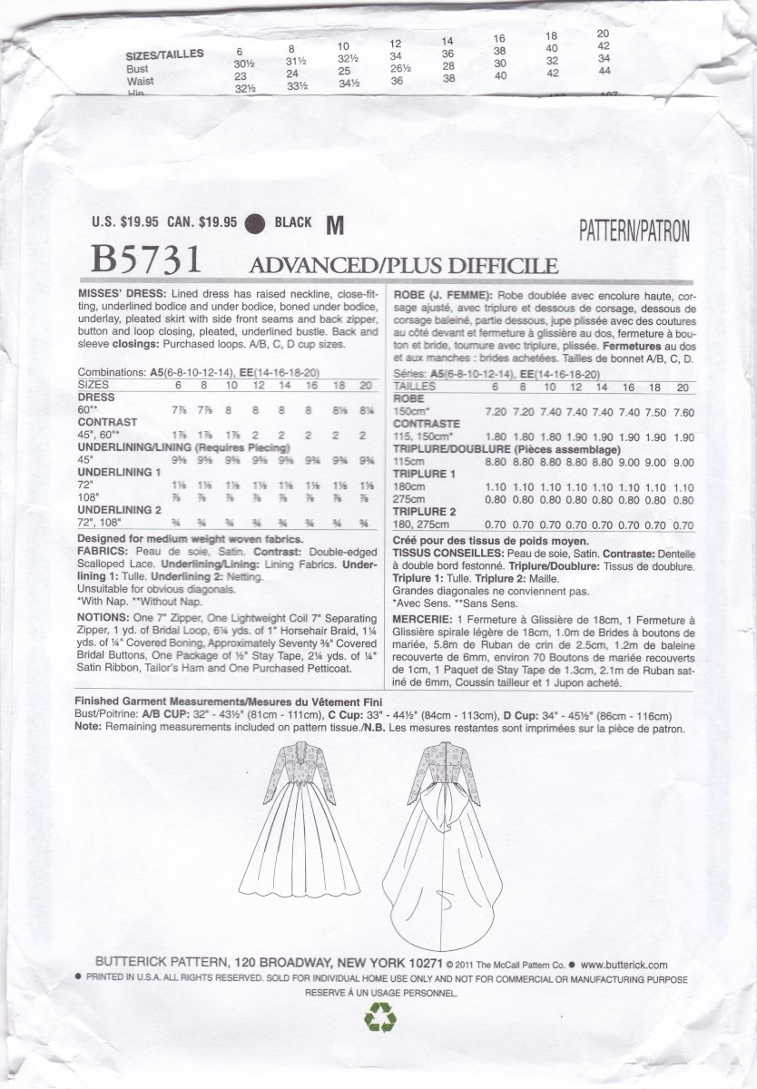 Butterick B5731 5731 Misses Bridal Gown Lined Dress Sewing Pattern ...