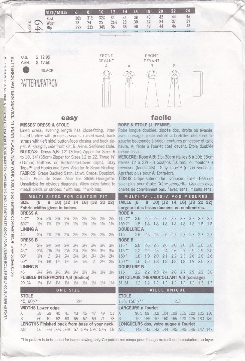 Butterick 6463 B6463 Womens Dress Stole Formal Sewing Pattern Sizes 18 ...