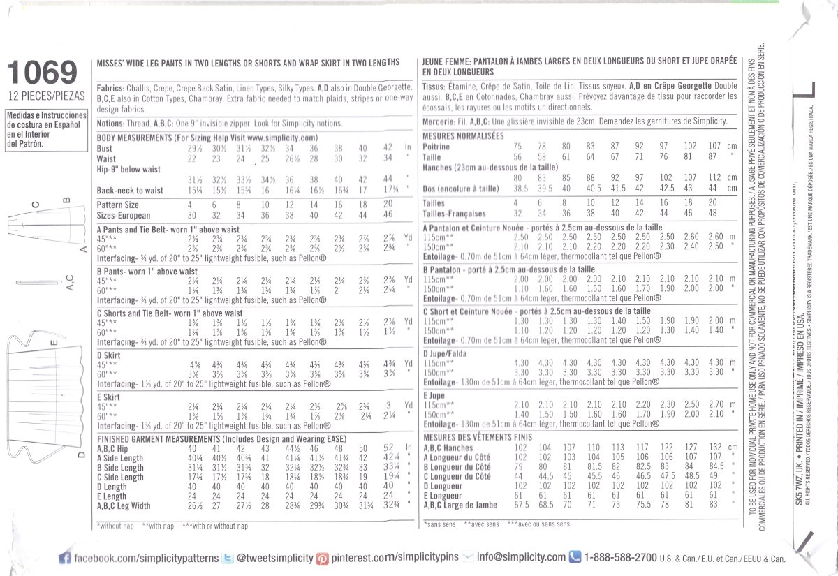 Simplicity 1069 Misses Wide Leg Pants Two Lengths Shorts Wrap Skirt ...