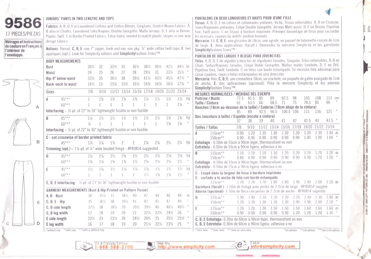 Simplicity 9586 Girls Juniors Pants Two Lengths Tops Sewing Pattern in ...