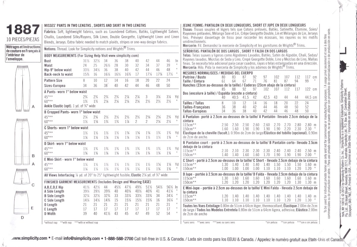 Simplicity 1887 Misses Womens Pants Skirts in Two Lengths Shorts Sewing ...