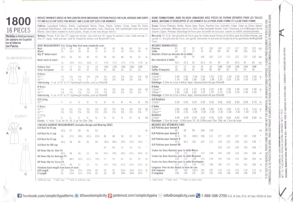 Simplicity 1800 Misses Womens Dress Two Lengths Size and Cup Variations ...