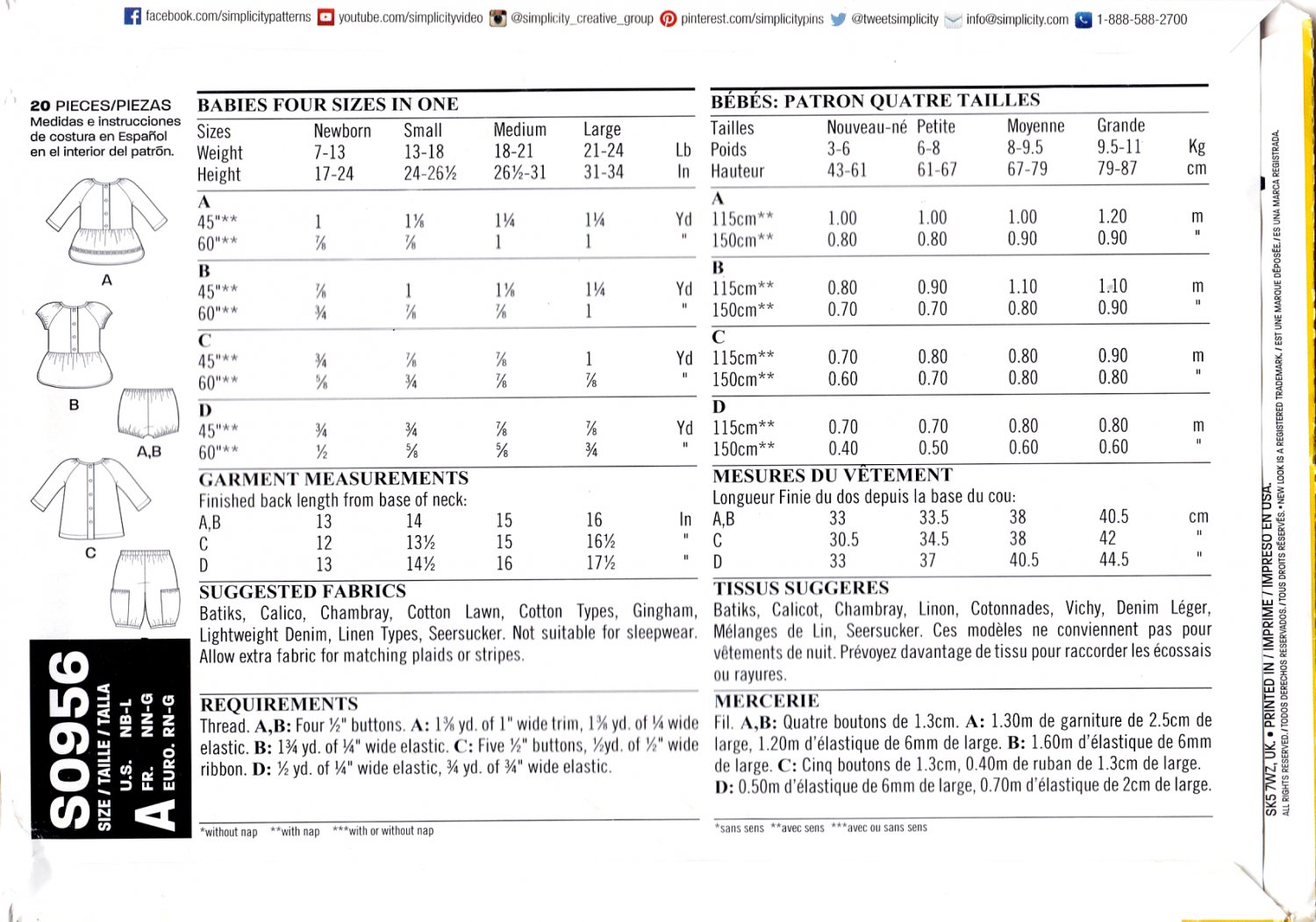 New Look S0956 6484 Babies Girls 4 Sizes in One Tops Bloomers Dress ...