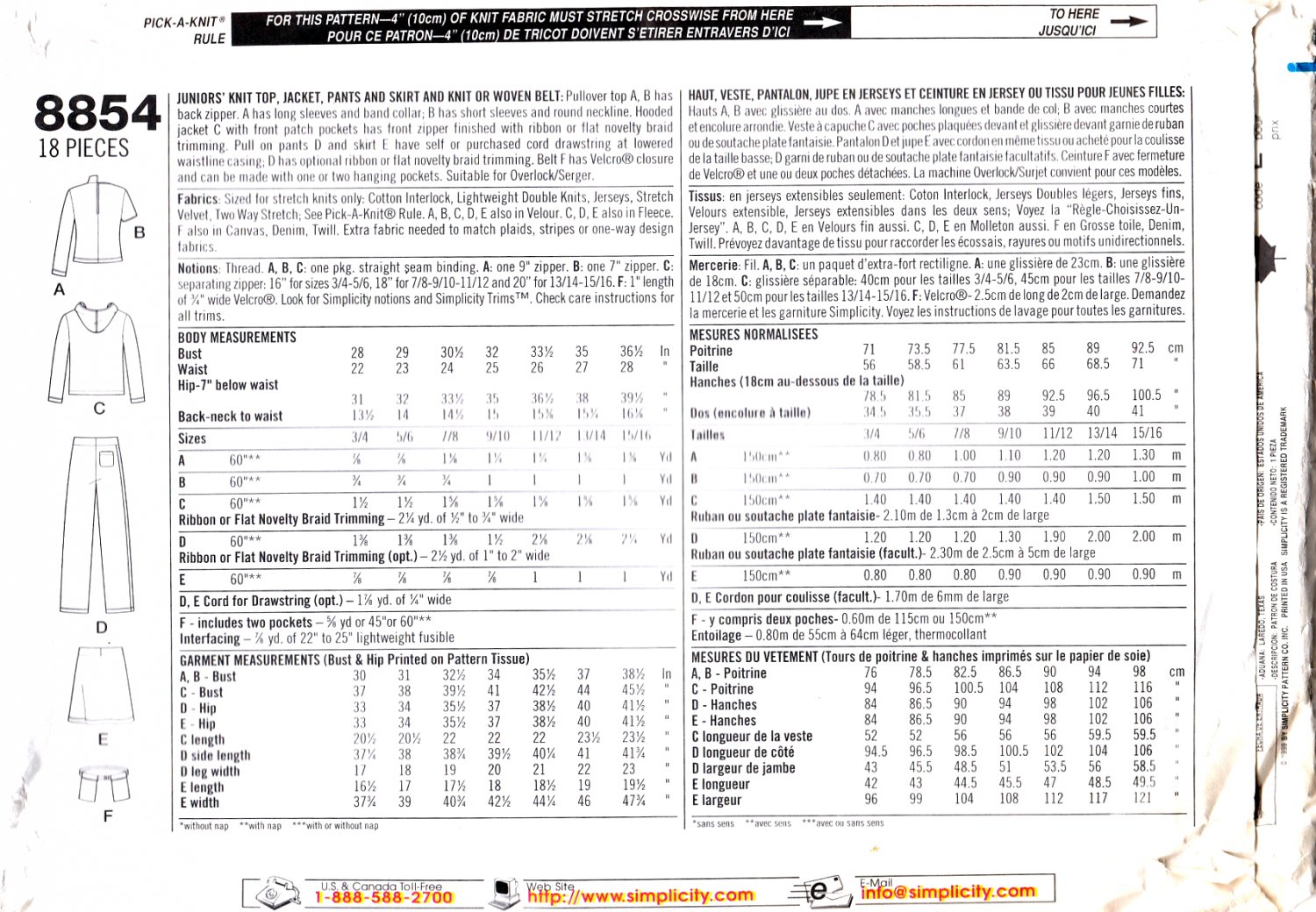Simplicity 8854 Junior Girls Knit Top Pants Skirt Belt Sewing Pattern ...