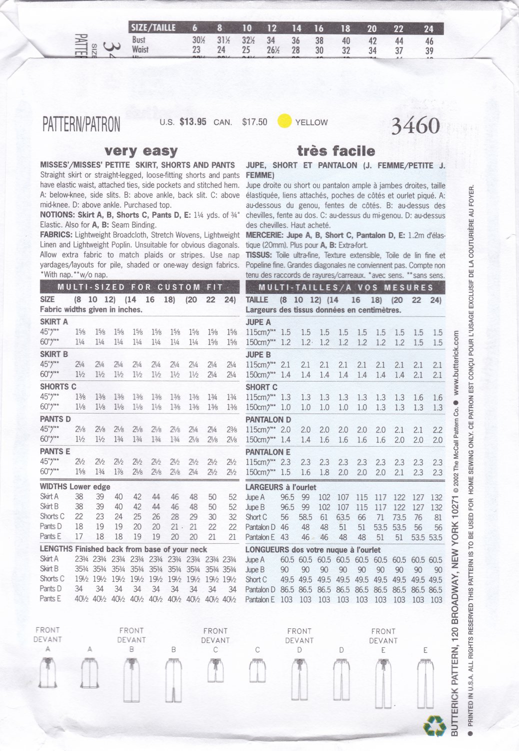 Butterick 3460 Womens Petite Skirt Shorts Pants Loose Fitting Sewing ...