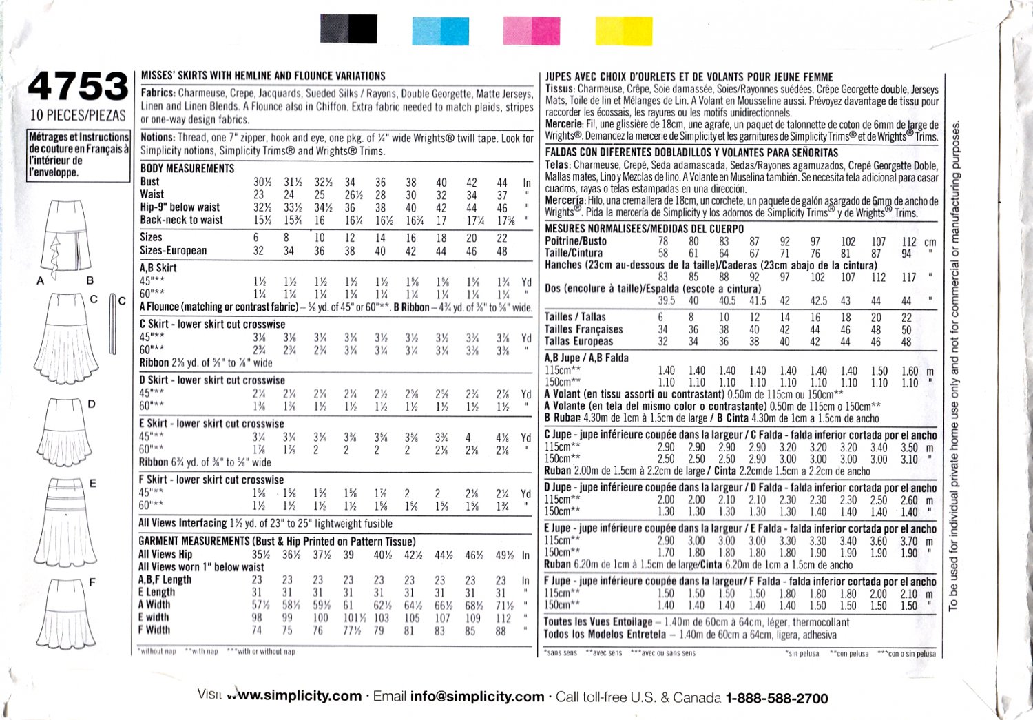 Simplicity 4753 Misses Skirts Hemline Flounce Variations Sewing Pattern ...