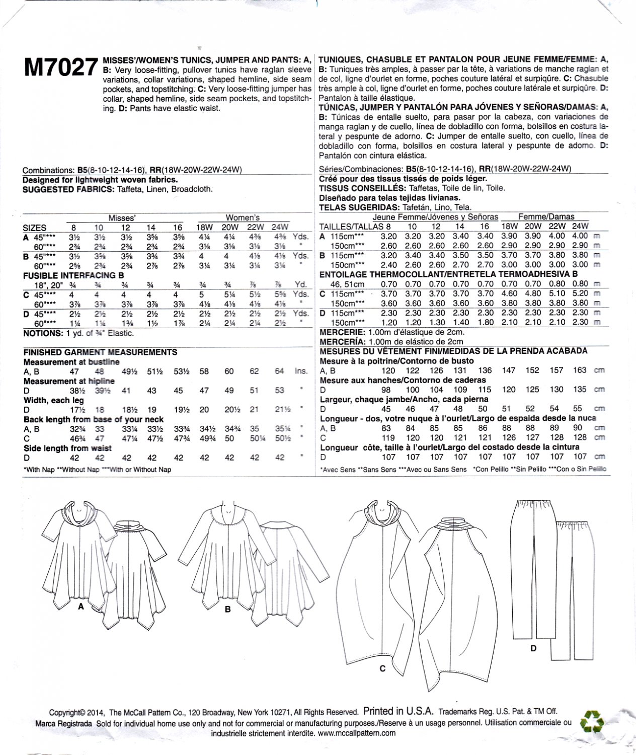 McCall's M7027 Womens Tunics Jumper and Pants Sewing Pattern Sizes 18W ...