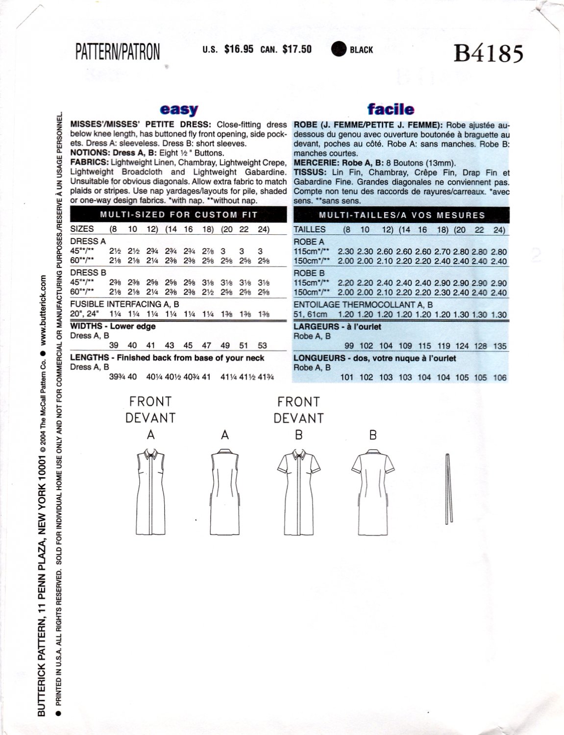 Butterick B4185 Misses Petite Dress Close Fitting Sewing Pattern Sizes ...
