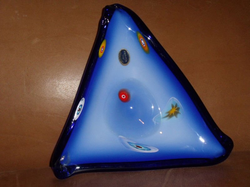 Vintage Murano Cobalt Blue Triangle Fiore Ashtray Dish