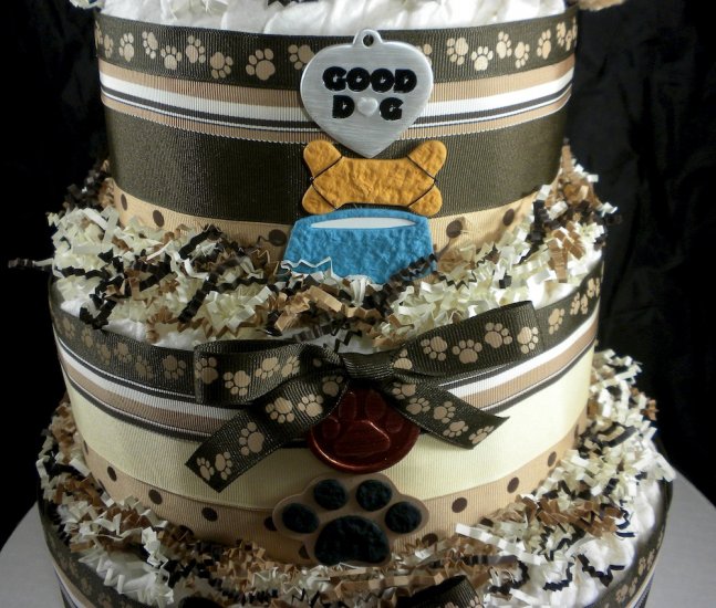 3 tier Puppy Dog Diaper Cake Baby Shower Luxe Centerpiece Gift Boy Mary ...
