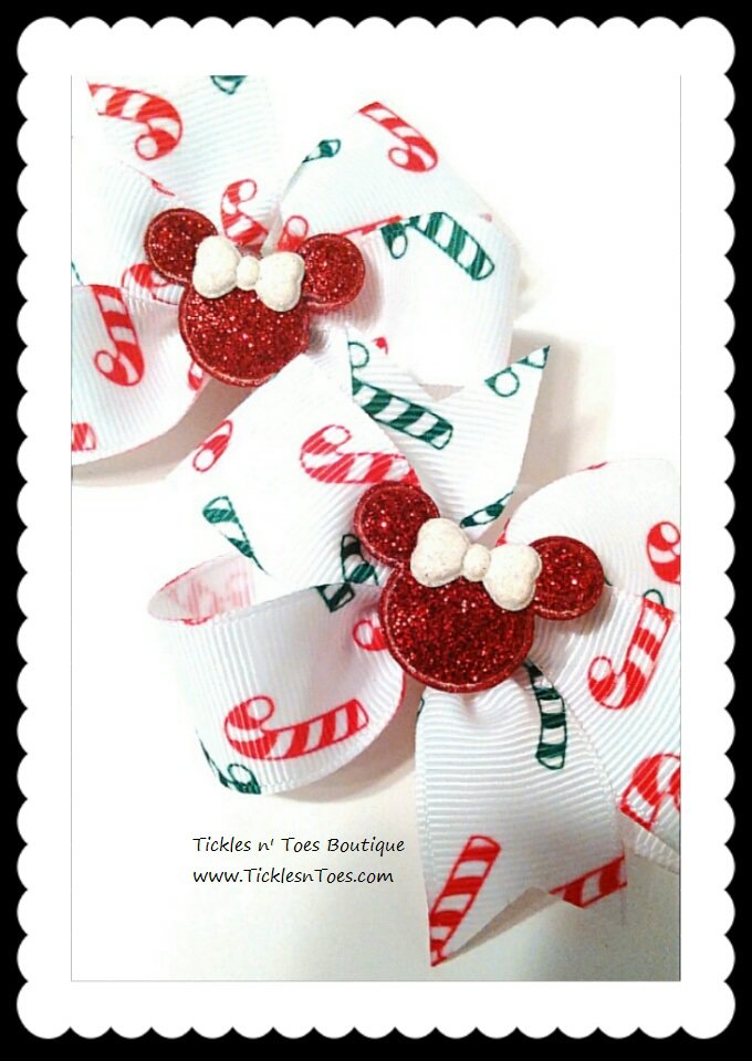CHRISTMAS MINNIE MOUSE CANDY CANES Toddler Girls Red White Hair Bows ...