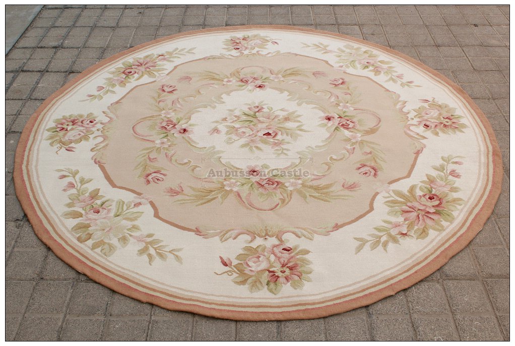 6X6 ROUND Shabby French Chic Aubusson Rug LIGHT PINK IVORY CREAM Pastel ...
