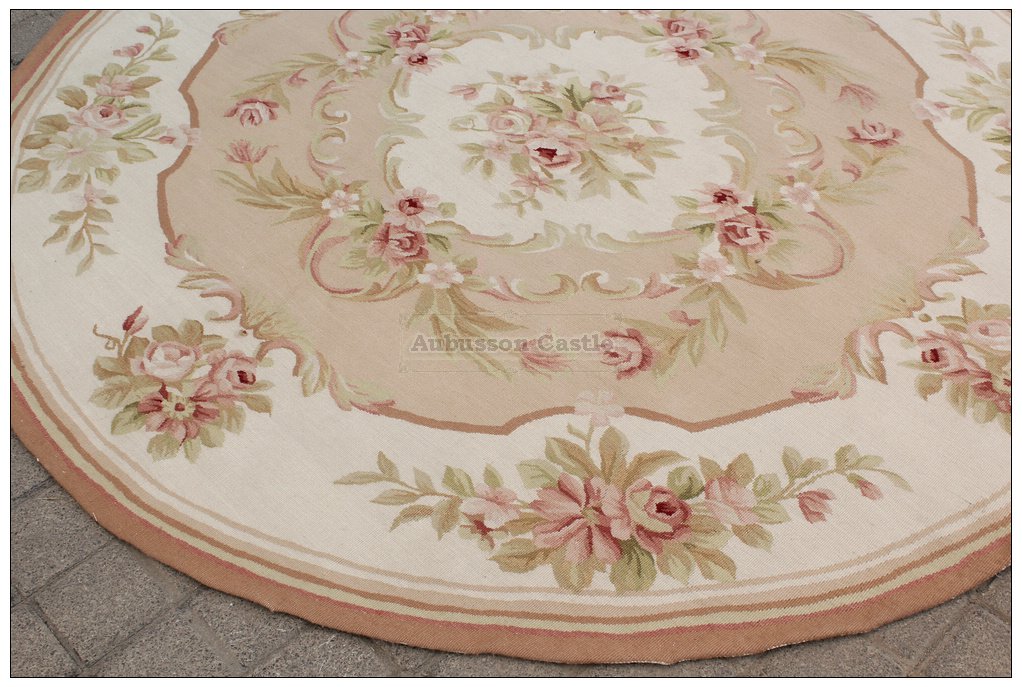 6X6 ROUND Shabby French Chic Aubusson Rug LIGHT PINK IVORY CREAM Pastel ...