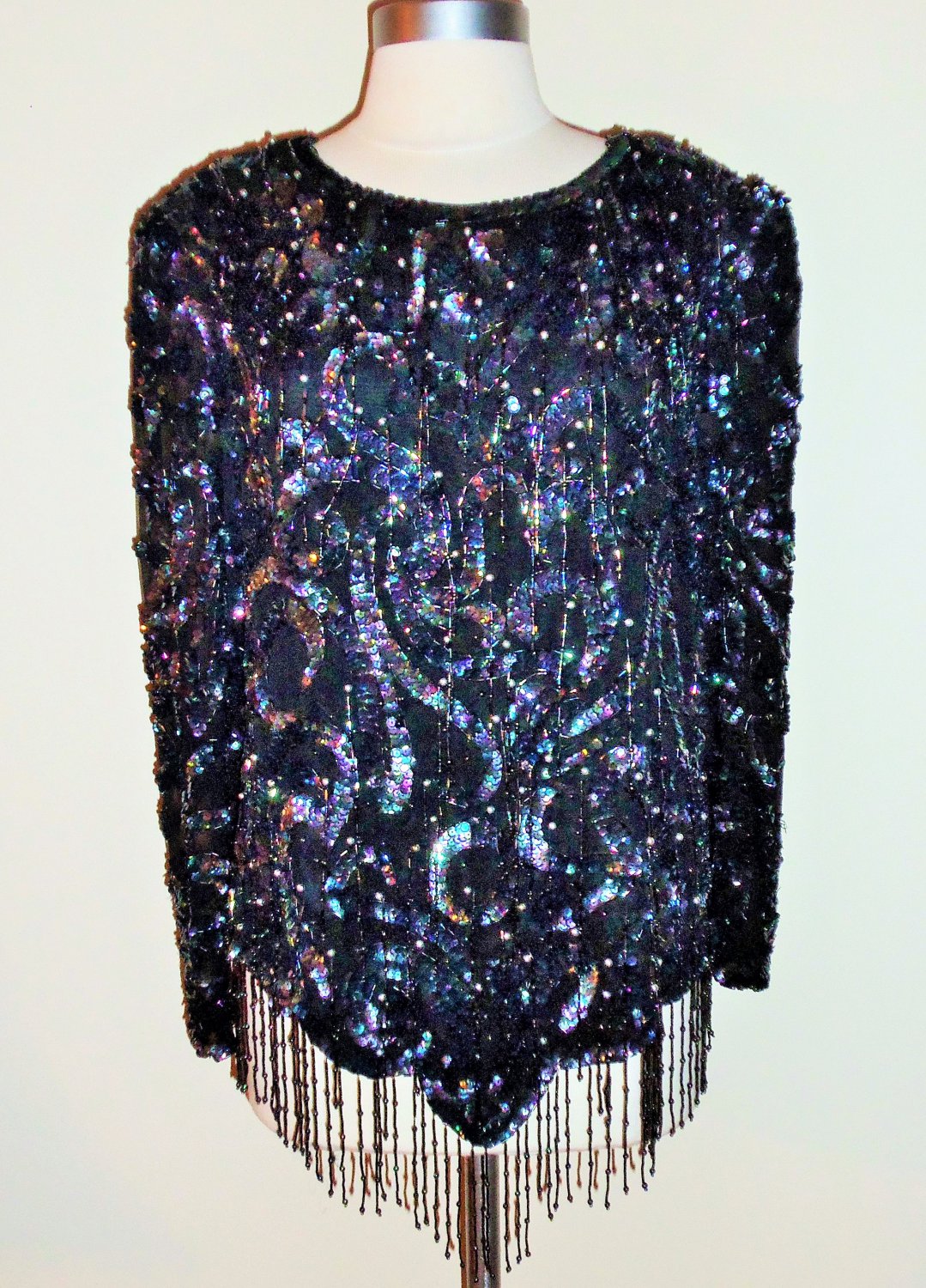 SHO MAX Originals Black Iridescent Beaded Sequined Blouses Size L