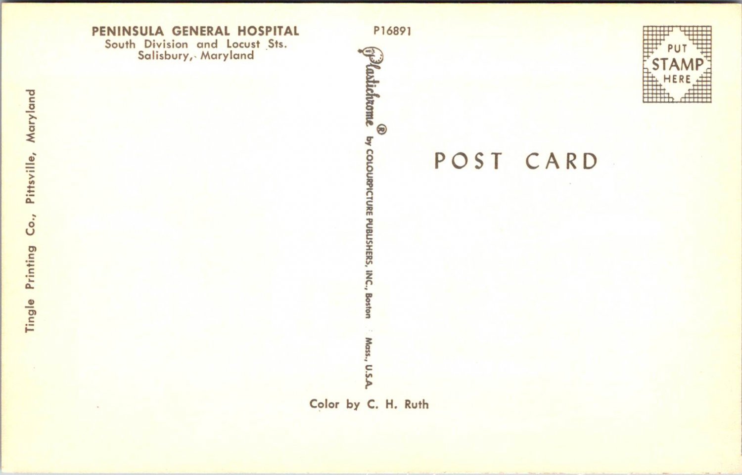 Salisbury Maryland Peninsula General Hospital Postcard (T-287)