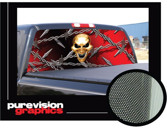 SKULL & BARBED WIRE - Rear Window Graphic - truck decal