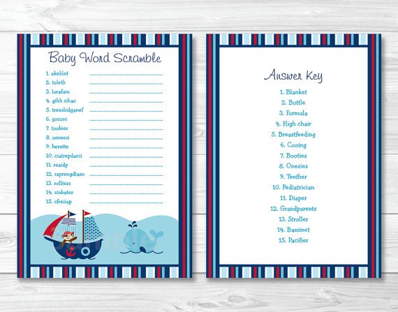 Nautical Pirate Whale Baby Shower Baby Word Scramble Game Cards ...
