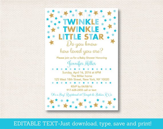 Twinkle Little Star Blue & Gold Printable Baby Shower Invitation ...