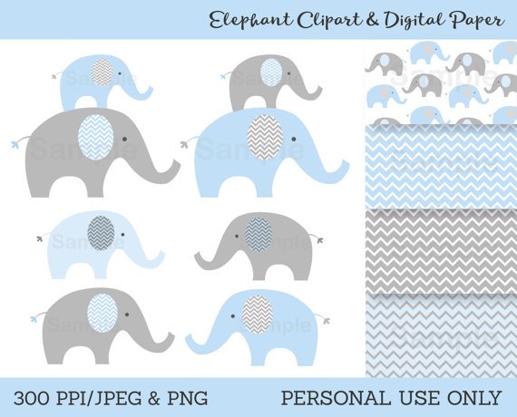 Blue & Grey Chevron Elephants Chevron Pattern Clipart & Digital Paper #A187