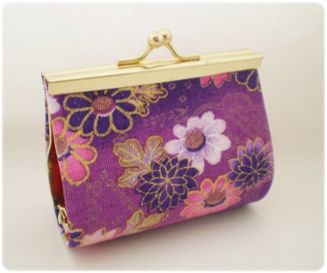 Japanese Purple Flower Cute Chirimen Kimono fabric wallet coin purse