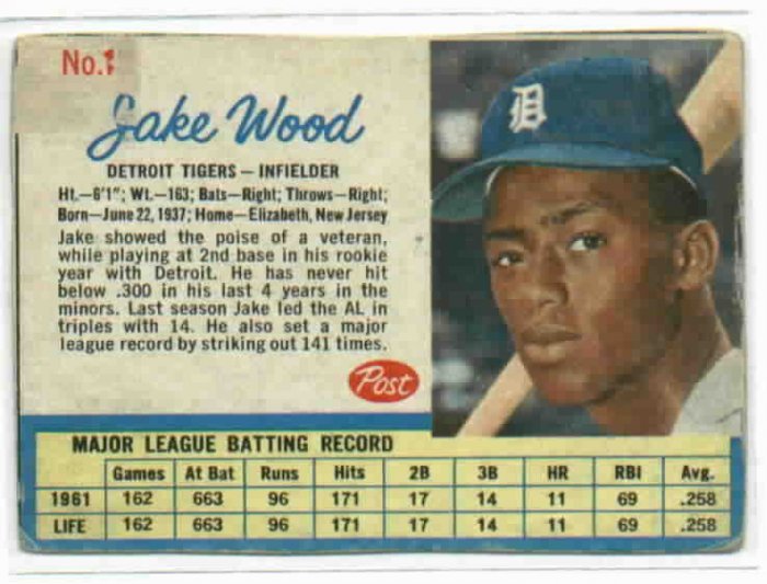 1962 Post Jake Wood Detroit Tigers Card # 1
