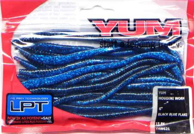 Yum 6" Houdini Worm Black Blue Flake Soft Lures 15 pack