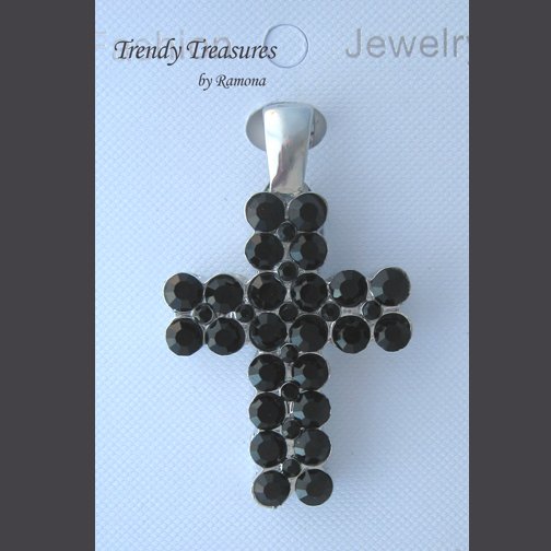 Magnetic Bail Cross Pendant, Easy Clip-on Necklace, Black Crystals