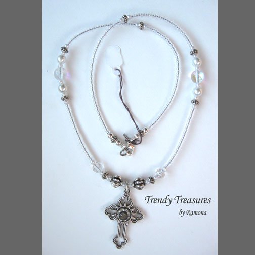 Vintage Cross Pendant Necklace, Clear Rhinestones, Artisan Design ...