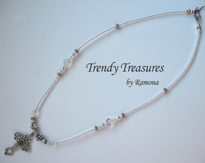 Vintage Cross Pendant Necklace, Clear Rhinestones, Artisan Design ...