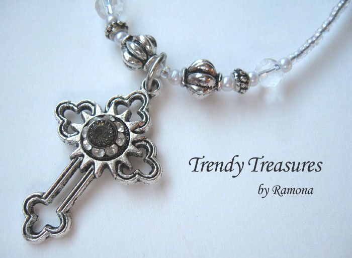 Vintage Cross Pendant Necklace, Clear Rhinestones, Artisan Design ...