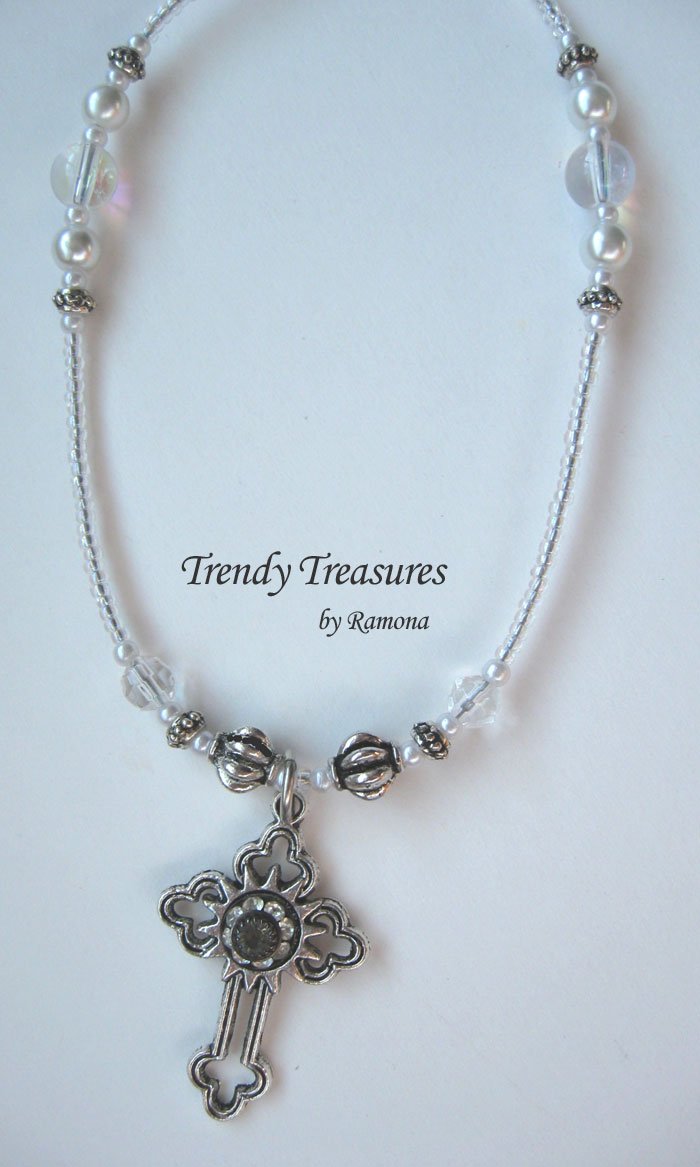 Vintage Cross Pendant Necklace, Clear Rhinestones, Artisan Design ...