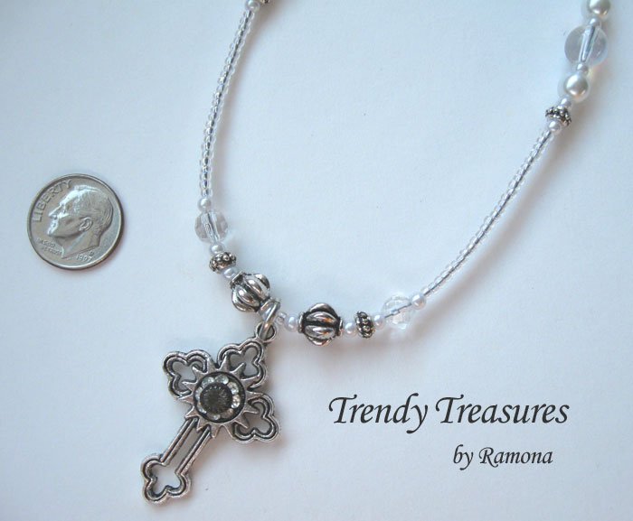 Vintage Cross Pendant Necklace, Clear Rhinestones, Artisan Design ...