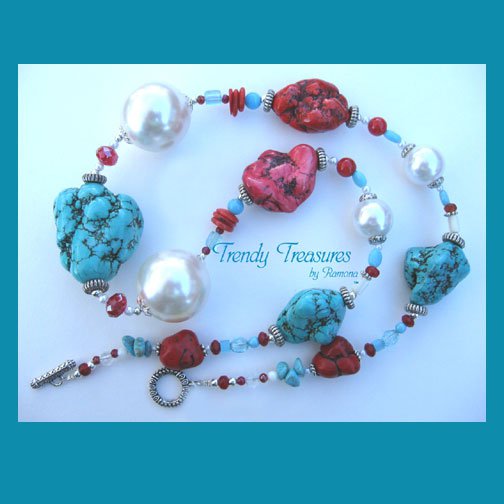 Reduced! Chunky Necklace,Turquoise & Red Color,Giant Pearls & Crystals ...