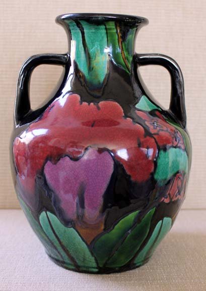 Art Deco Studio Decorated Japanese Sanpei Kiln Awaji Ware Handled Vase