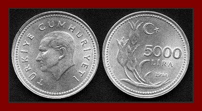 TURKEY 1994 5000 LIRA COIN KM#1025 EURASIA - Mustafa Kemal Ataturk