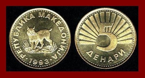MACEDONIA 1993 5 DENARI BRASS COIN KM#4 European Lynx ~ AU ~ BEAUTIFUL ...