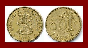FINLAND 1970 50 PENNIA COIN KM#48 Europe - Crowned Lion ~ BEAUTIFUL!