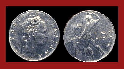 ITALY 1964 50 LIRE STEEL COIN KM#95 Europe ~ BEAUTIFUL!
