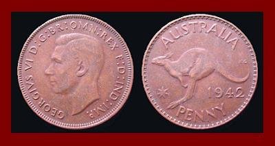 AUSTRALIA 1942(p) 1 PENNY BRONZE COIN KM#36 Oceania Kangaroo ~ WWII Coin