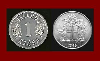 ICELAND 1965 1 ISLAND KRONA COIN KM#12a Europe - XF - LOW MINTAGE