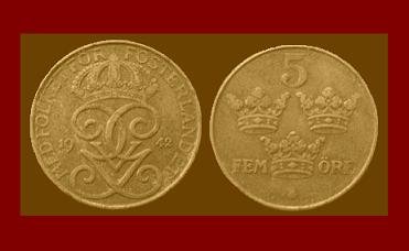 SWEDEN 1942 5 ORE BRONZE WWII COIN KM#779.2 - LOW MINTAGE - SCARCE!