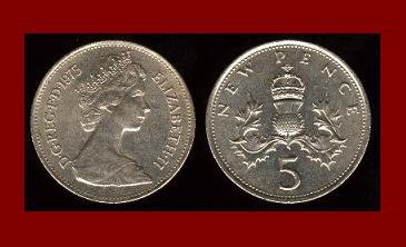 England United Kingdom Great Britain UK 1975 5 FIVE NEW PENCE COIN KM ...