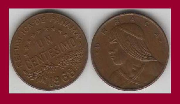 PANAMA 1968 1 CENTESIMO BRONZE URRACA COIN KM#22 Central America