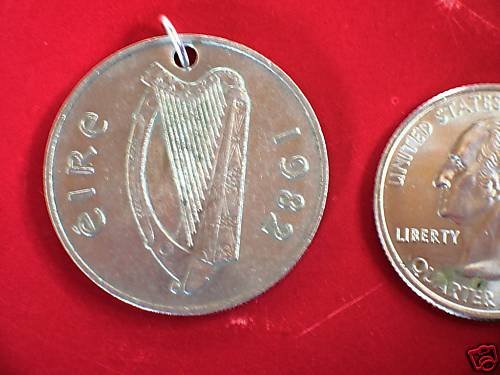 OLD IRISH COIN JEWELRY PENDANT NECKLACE HARP FISH