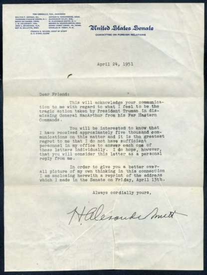1951 NJ Senator Smith Signed Letter+, Truman, MacArthur