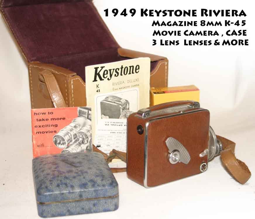 ! SOLD !1949 Keystone Riviera Magazine 8mm K-45 Movie Camera, case, 3 ...