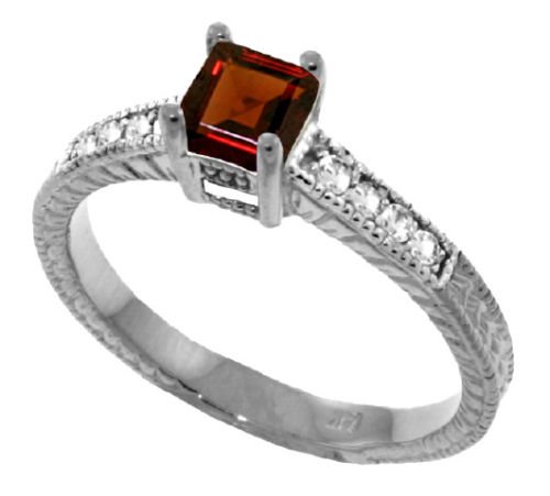 PRINCESS CUT REAL GARNET & DIAMOND RING 14K. WHITE GOLD