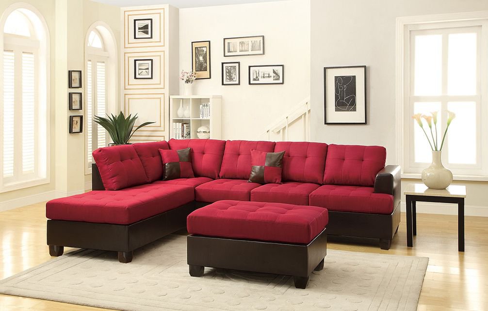 Poundex Fabric Sofa Couch Abby Red Reversible 3 Piece