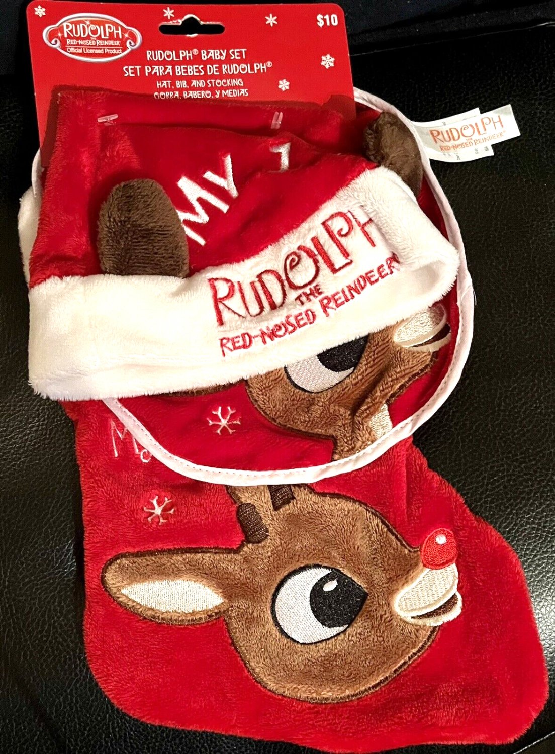 Rudolph the Red Nosed Reindeer Baby Set Hat Bib and Stocking